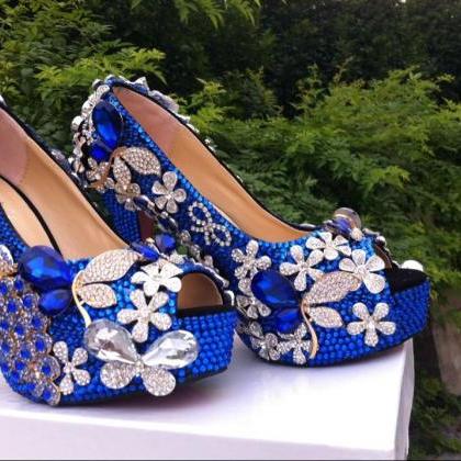 Luxury Peacock Blue Floral Diamond Bridal Weddding Shoes High Heels ...